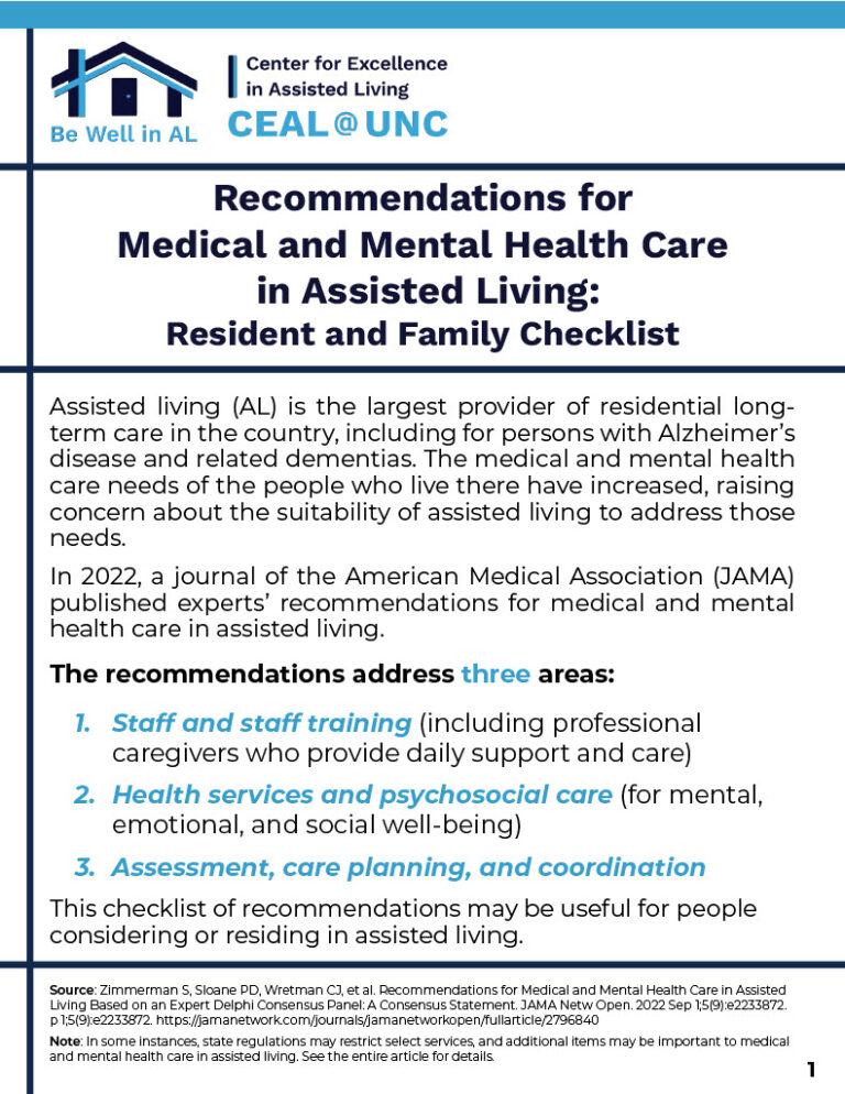 Be Well in AL Recommendations: Resident/Family Checklist - Center for ...